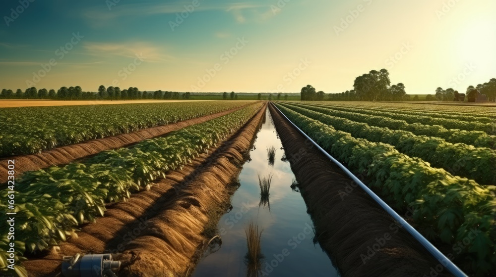 Watering potato plantation with surface irrigation canal with water ...
