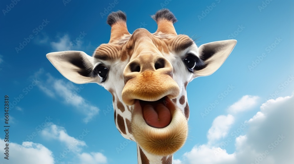 Giraffe at the zoo on a blue sky background. Giraffe has funny facial ...