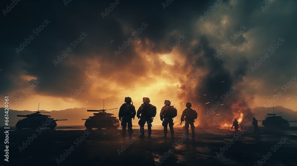 Silhouettes of two army soldiers, U.S. Marines team in action ...