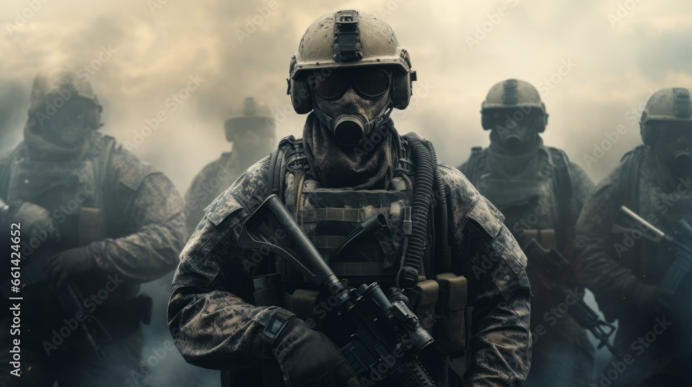 War concept, Several modern soldiers fully equipped in a dusty and ...