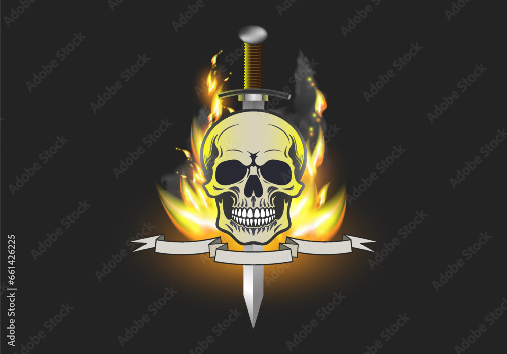 Vector Halloween illustration. A scary human skull with black eye ...