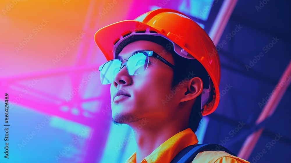 Asian male civil engineer side view, pop art, graffiti pop culture ...