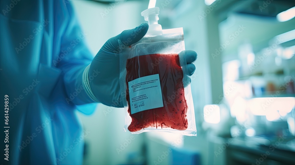 Doctor's hand holding a blood bag in a blood bag analysis laboratory in ...