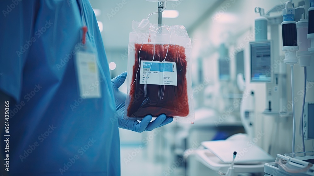 Doctor's hand holding a blood bag in a blood bag analysis laboratory in ...