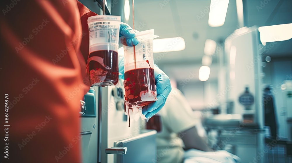 Doctor's hand holding a blood bag in a blood bag analysis laboratory in ...