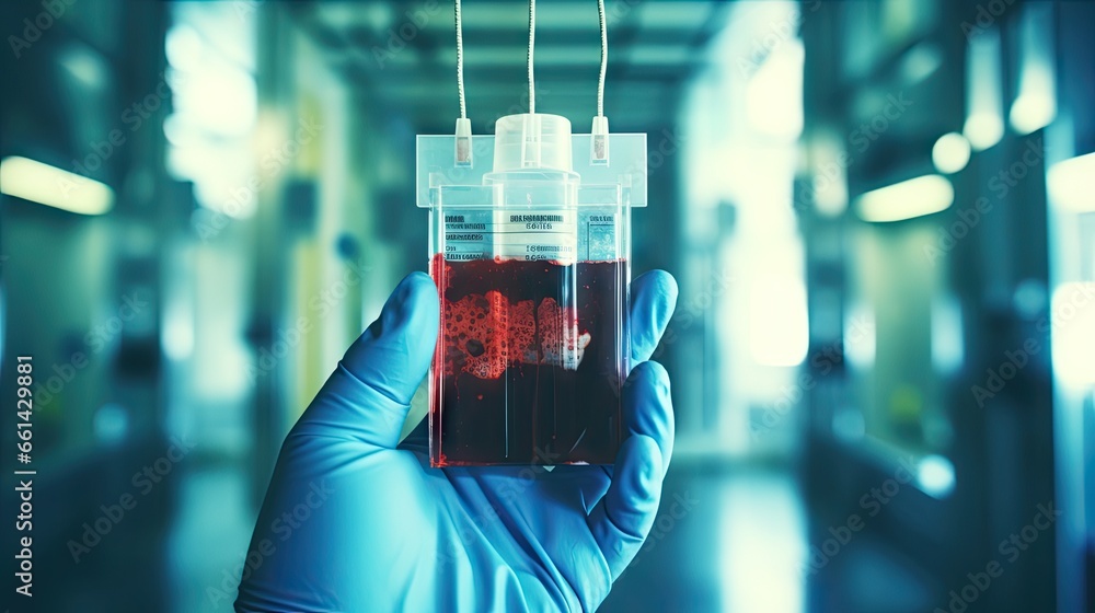 Doctor's hand holding a blood bag in a blood bag analysis laboratory in ...