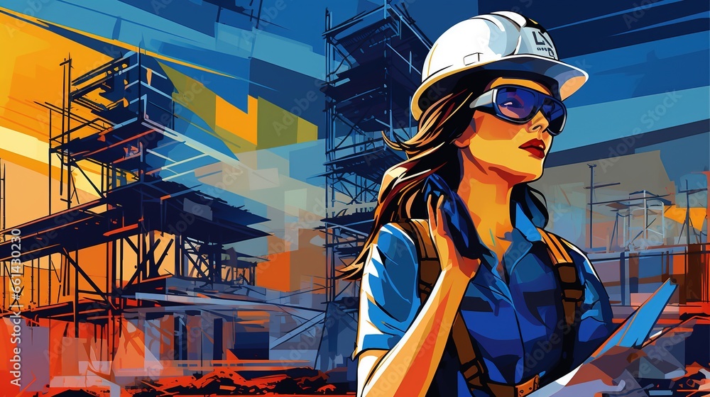 Female engineer reads digital blueprints near construction site vector ...