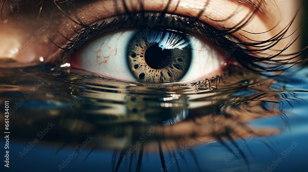 The reflection of a human eye in the surface of water. Stock Photo ...