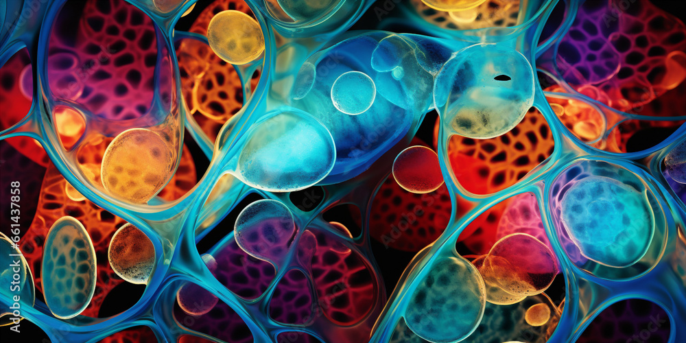 cells brightly colored cells glowing under the microscope Stock Photo ...