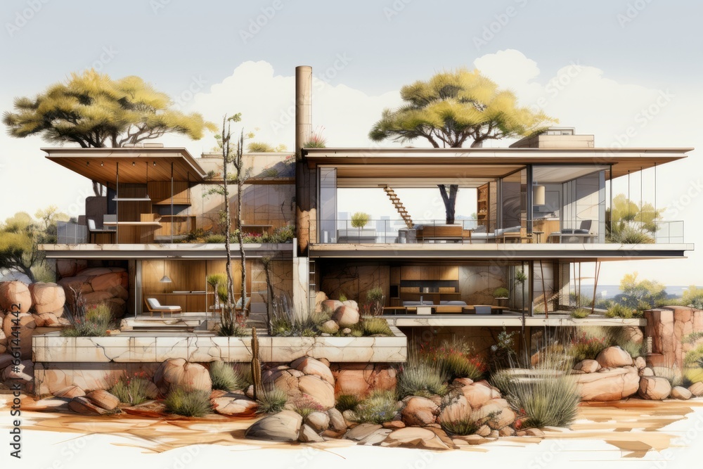 Modern desert oasis home's cross-section with a courtyard, cactus ...