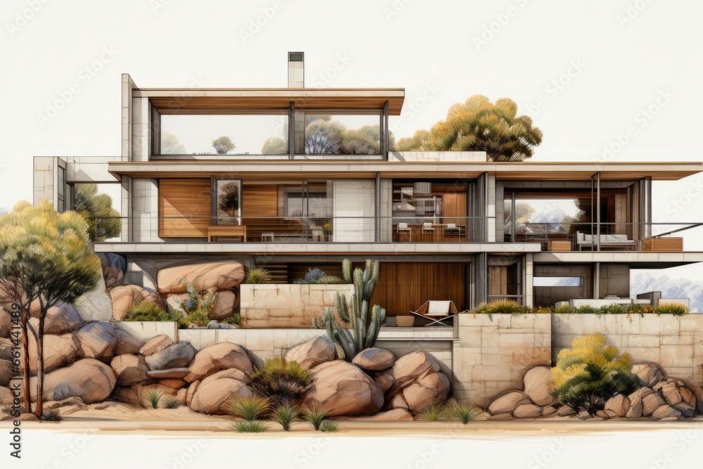 Modern desert oasis home's cross-section with a courtyard, cactus ...