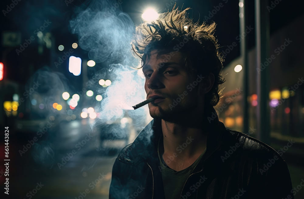 A lone man stands in the darkness of the street, his face illuminated ...