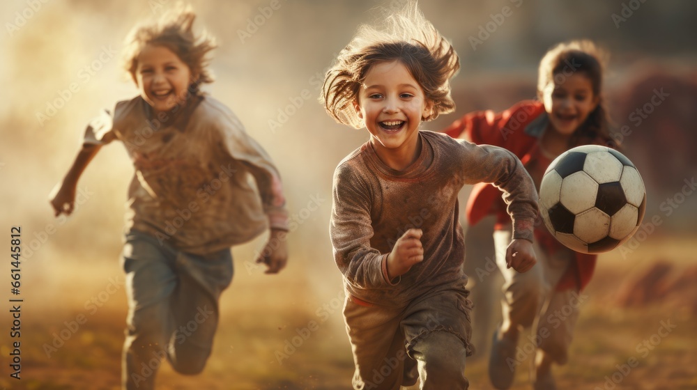 Happy kids play football. Cute child celebrate and cheers Stock ...
