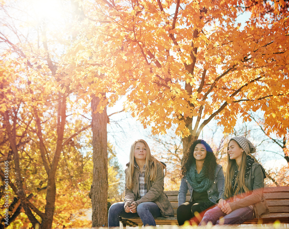 Girl, friends and conversation in a park, relax and bonding on autumn ...