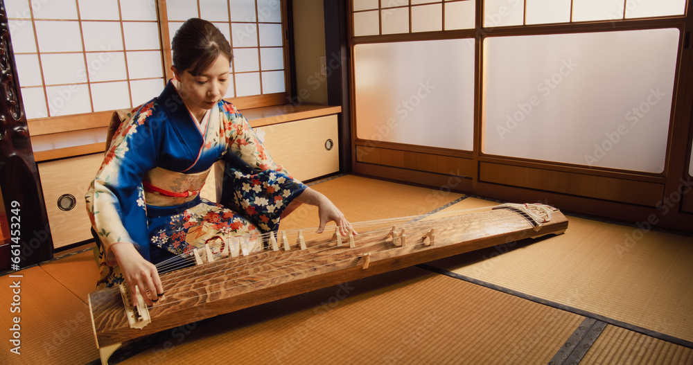 Authentic Japanese Koto Player Practising the Art of String Music in ...