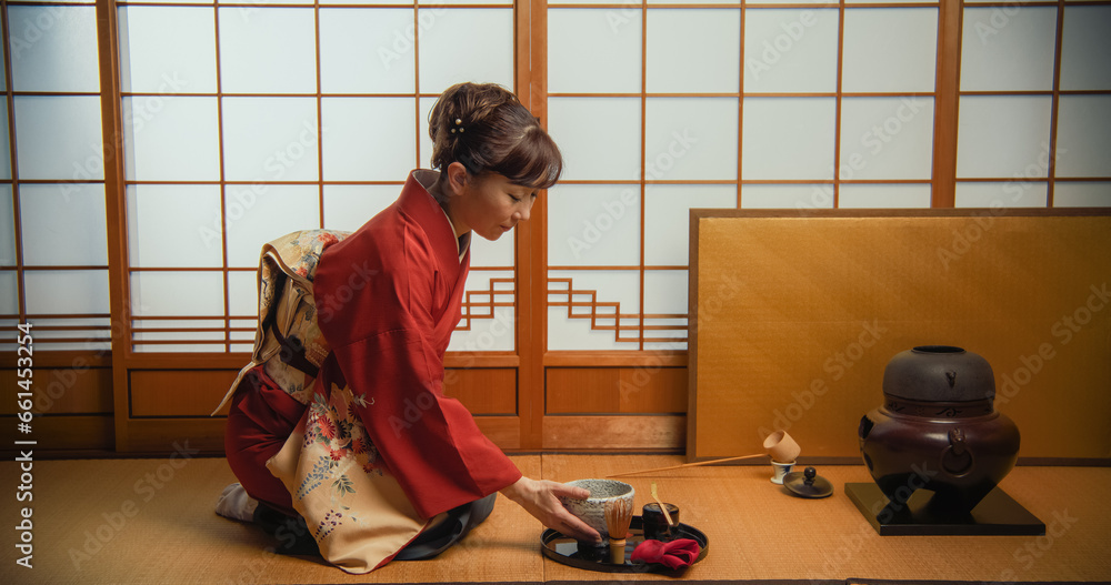 Adult Japanese Female Preparing Matcha Green Tea at Home While Sitting ...