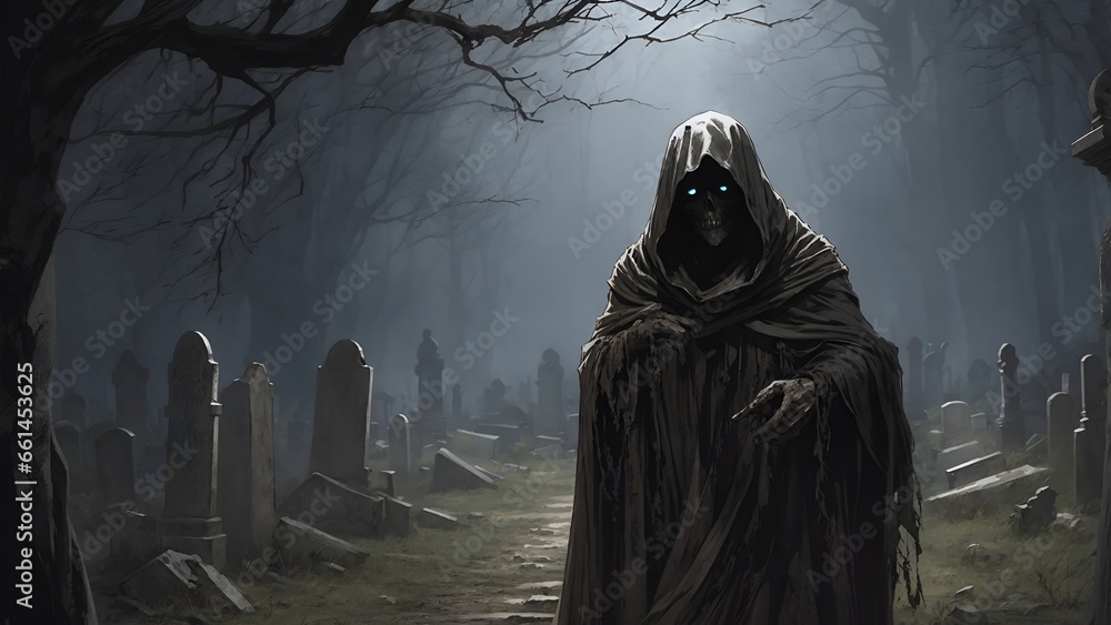 A figure in a tattered cloak, their face hidden in the shadows, beckons ...
