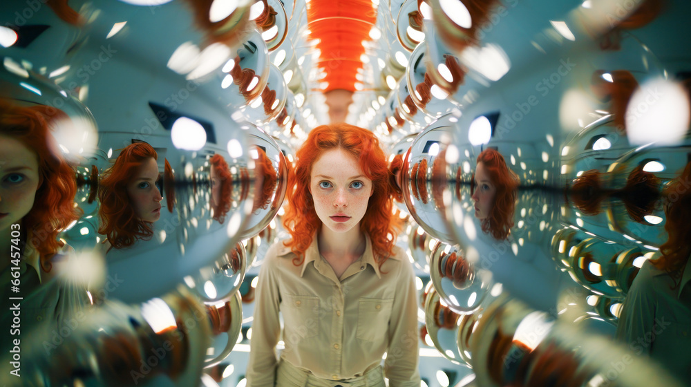 Young ginger woman in mirror-filled room, multiple reflections. Stock ...