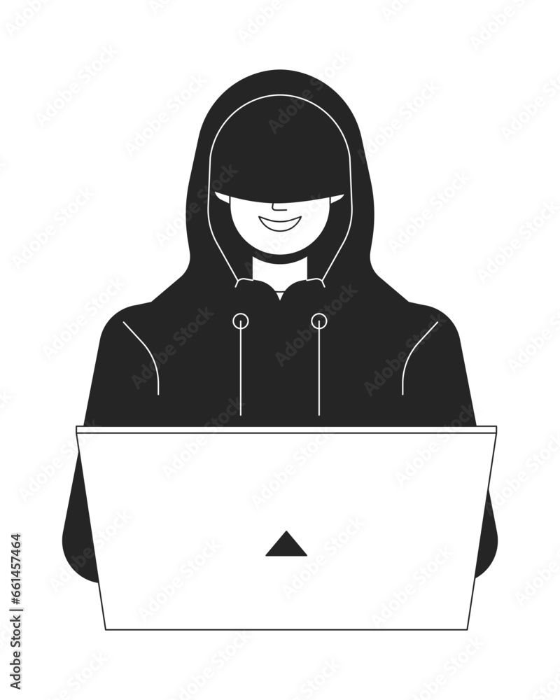 Hacker in hood smiling flat line black white vector character. Coding ...