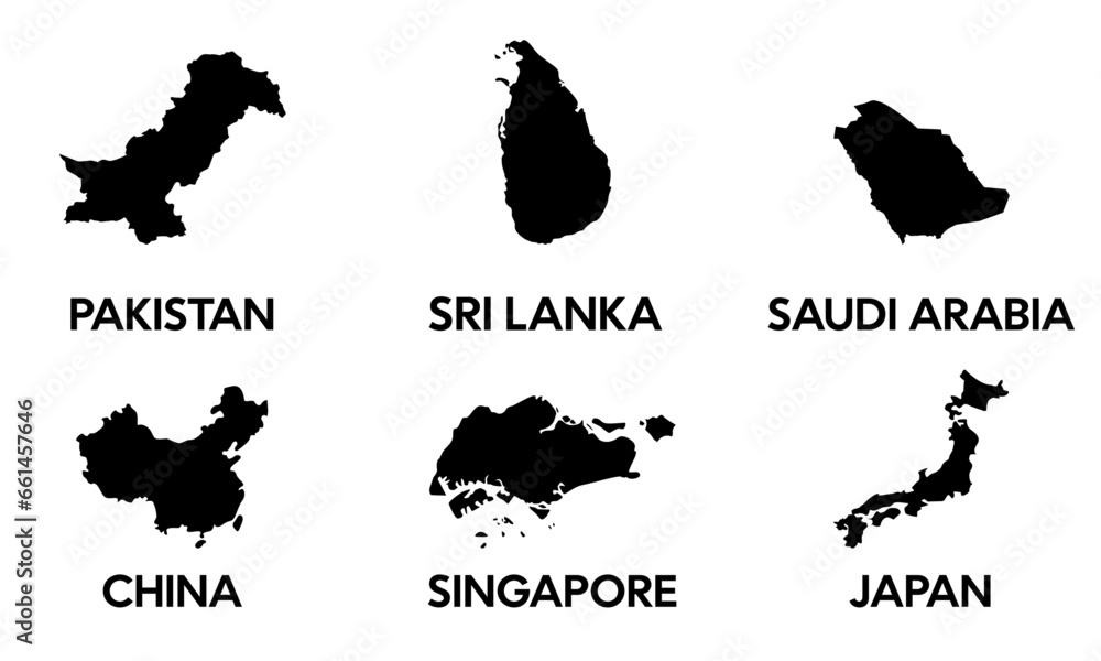 asian countries map / detailed vector silhouettes set Stock Vector ...