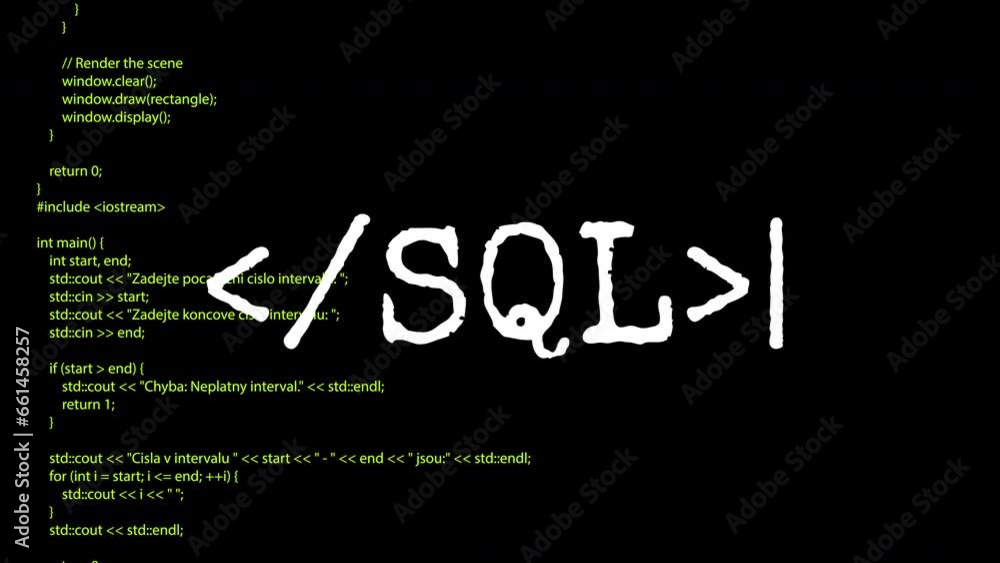 sql text and code running down a computer screen terminal.4K motion ...
