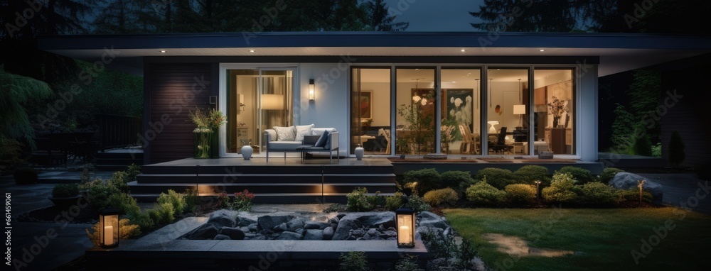 the modern house in a nighttime setting. the exterior with well placed ...