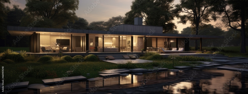 the modern house in a nighttime setting. the exterior with well placed ...