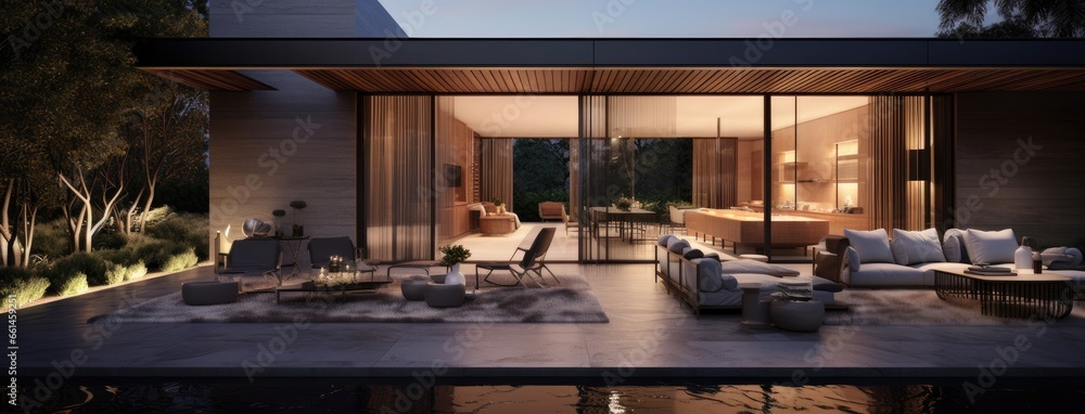 the modern house in a nighttime setting. the exterior with well placed ...