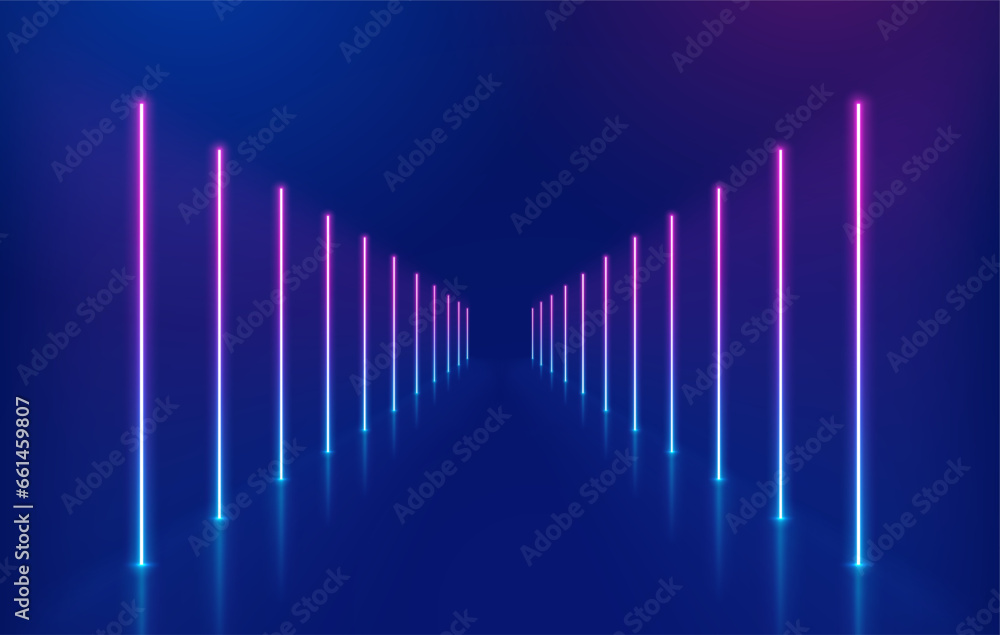 Neon lights frame, tunnel corridor portal. The geometric contour of the ...