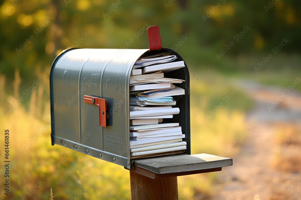 A rural mailbox is overflowing with an assortment of mail, including ...