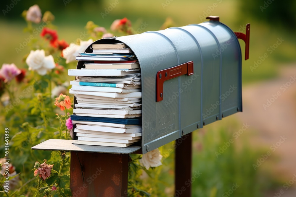 A rural mailbox is overflowing with an assortment of mail, including ...