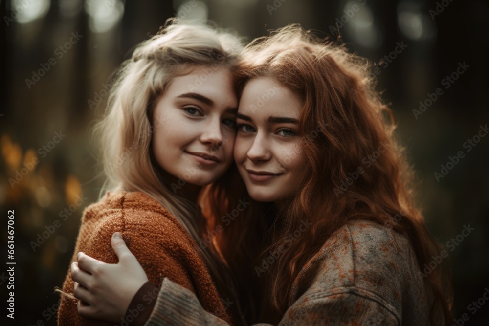 Foto de Two friends or sisters embracing in a tight hug, displaying ...