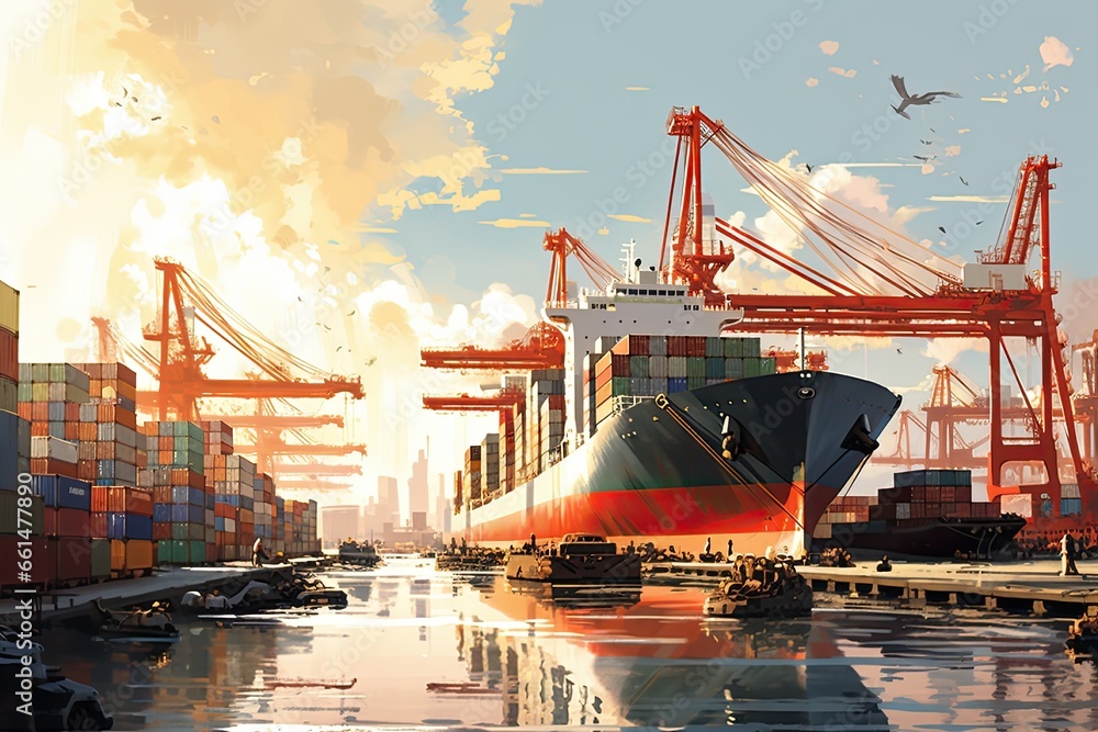 An image of cargo ships at a bustling international port, illustrating ...