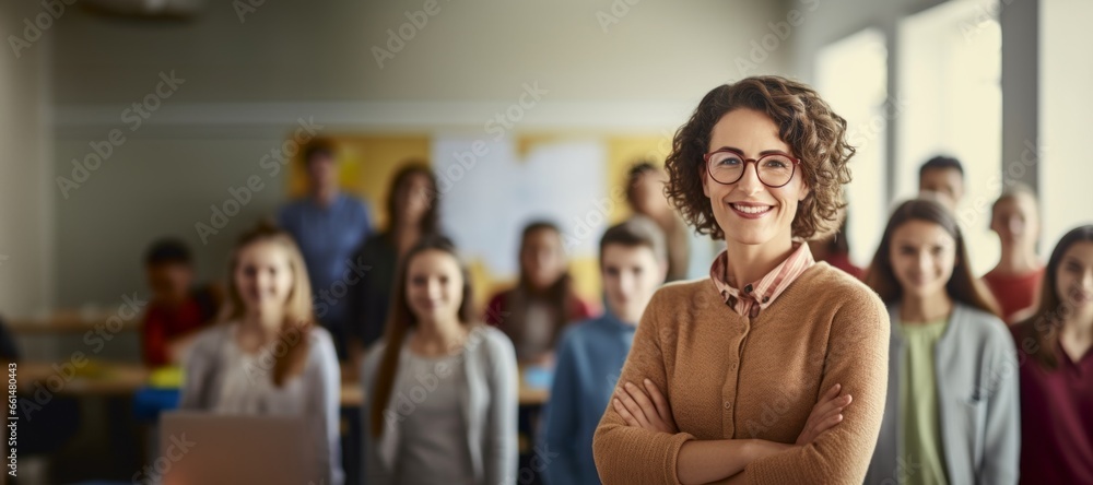 school teacher on blurred classroom background banner Generative AI ...