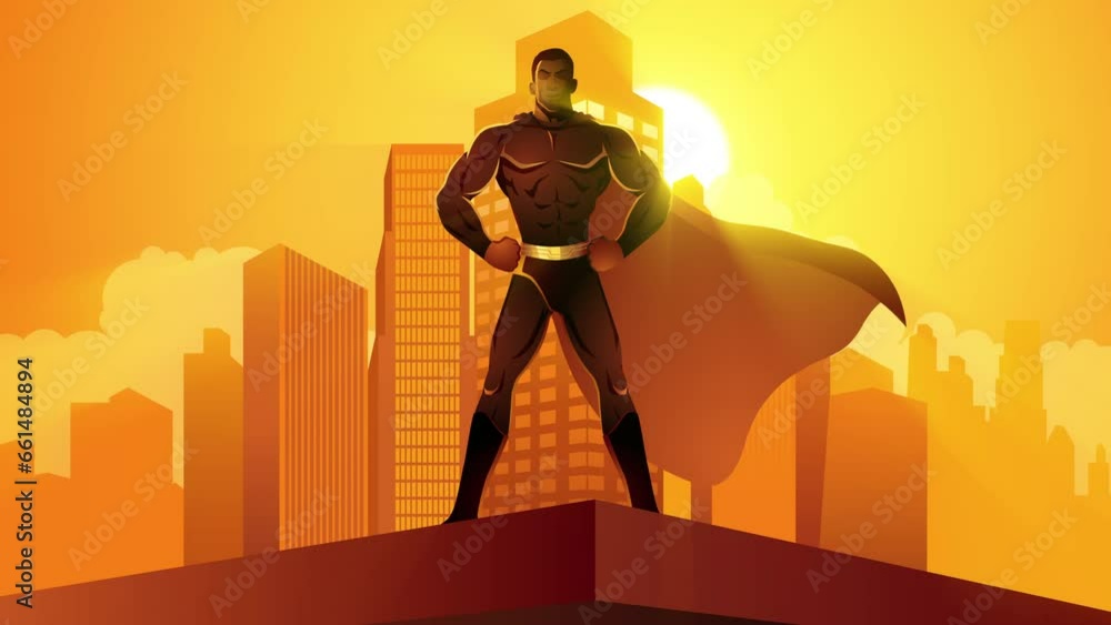Iconic urban defender, Superhero silhouette against cityscape backdrop ...