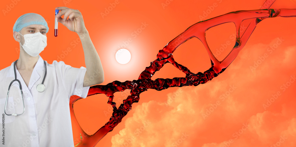 scientist, doctor, disrupted human dna structure with helix destroyed ...