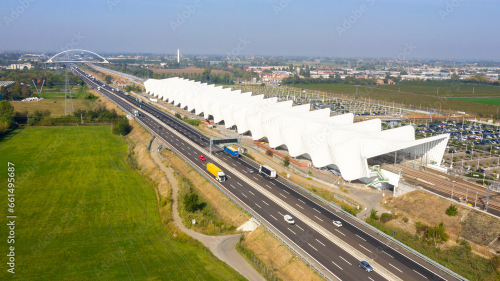 Aerial view of the Reggio Emilia AV Mediopadana station. It is a high ...