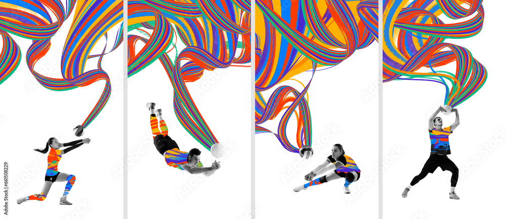 Young man and women, professional handball player in motions during ...