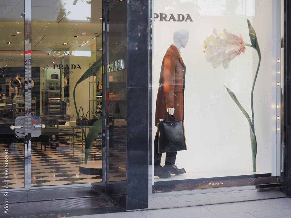 TOKYO, JAPAN - October 13, 2023: Window display and entrance to a Prada ...