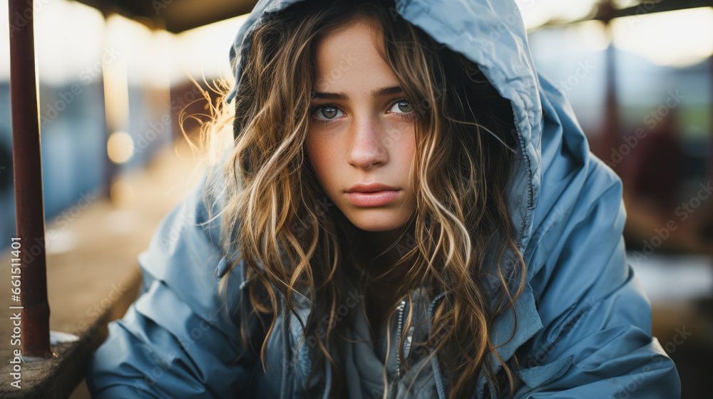Teenage girl with downcast eyes in a dimly lit playground Stock Photo ...