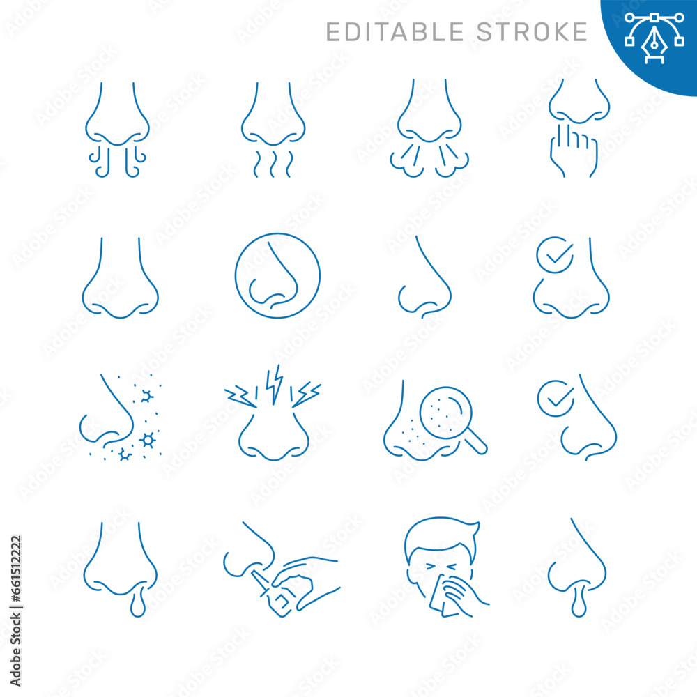 Vector line set of icons related with nose. Contains monochrome icons ...
