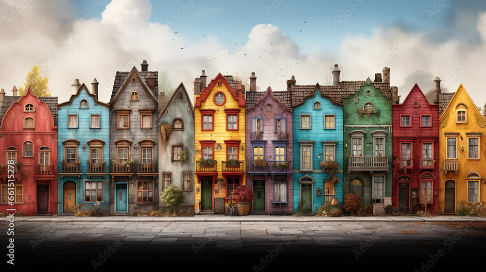 Front façade of multi-colored houses in a town that is multi-story ...