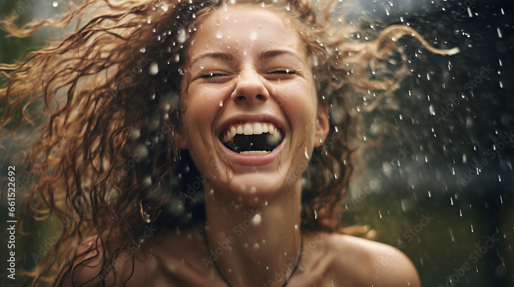Joyful portrait of someone laughing in the rain, using high shutter ...