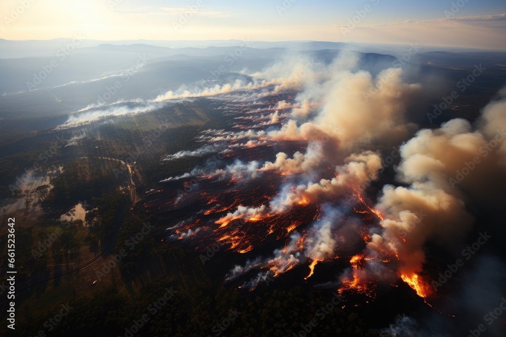A stark image of a forest ravaged by a wildfire. Shown from a drone ...