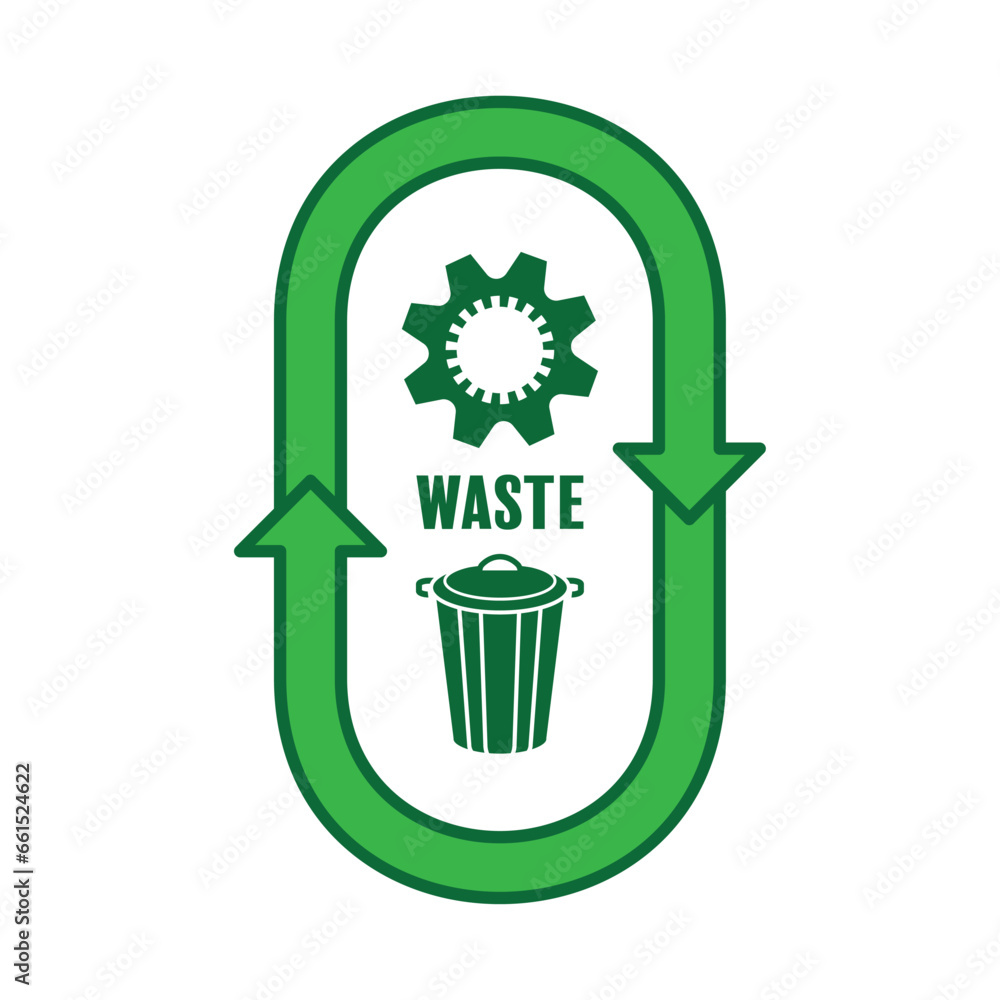 Recycling arrow in shape of letter 0 with gearwheel and trash bin icon ...