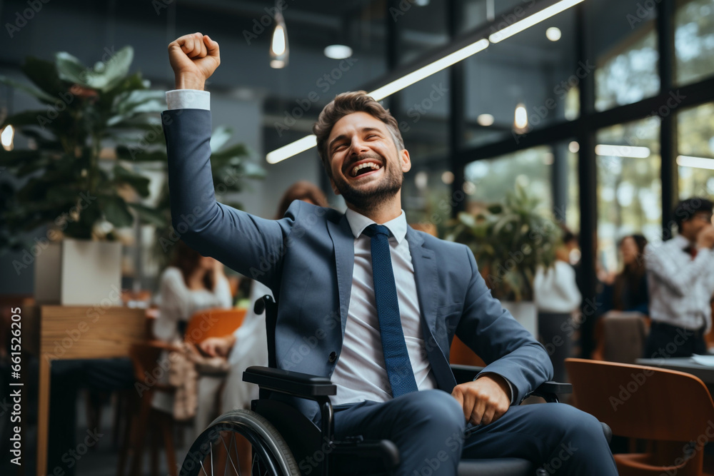 Disabled businessmen with disability in wheelchair and her colleagues ...