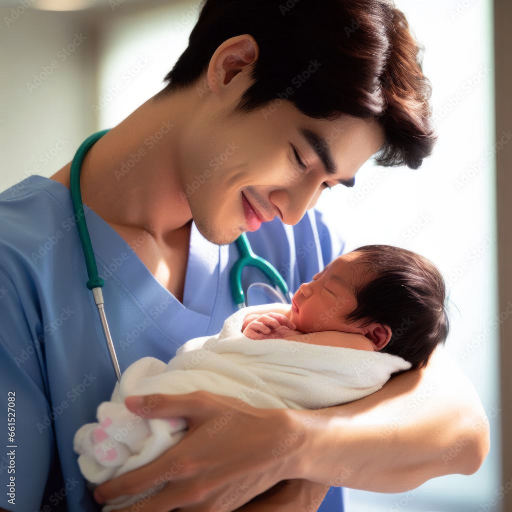 Nurse cradling a day-old infant, newborn baby, displaying genuine ...
