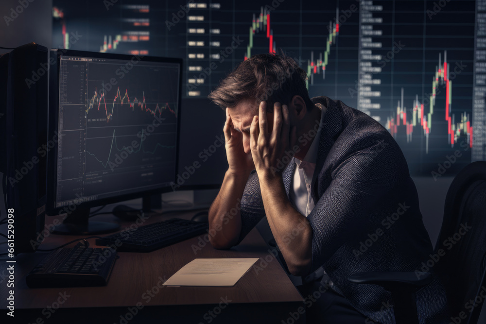 A man stares at a falling cryptocurrency chart, his face filled with ...