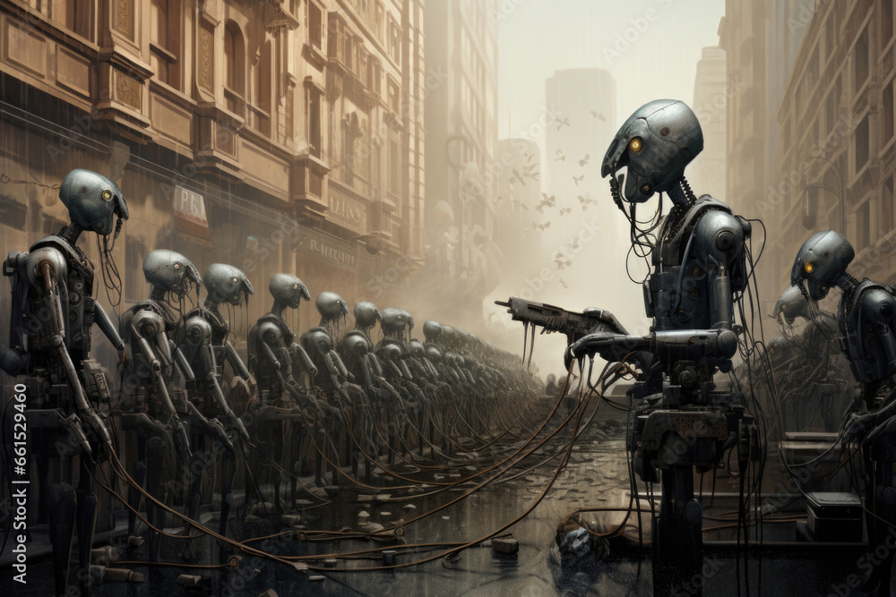 surrealistic image of robots taking over the world on the city streets ...