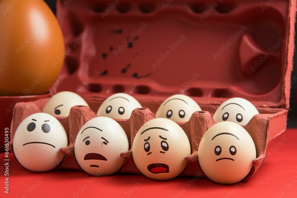 Carton box of eggs: angry faces on white eggs, crying face on brown egg ...